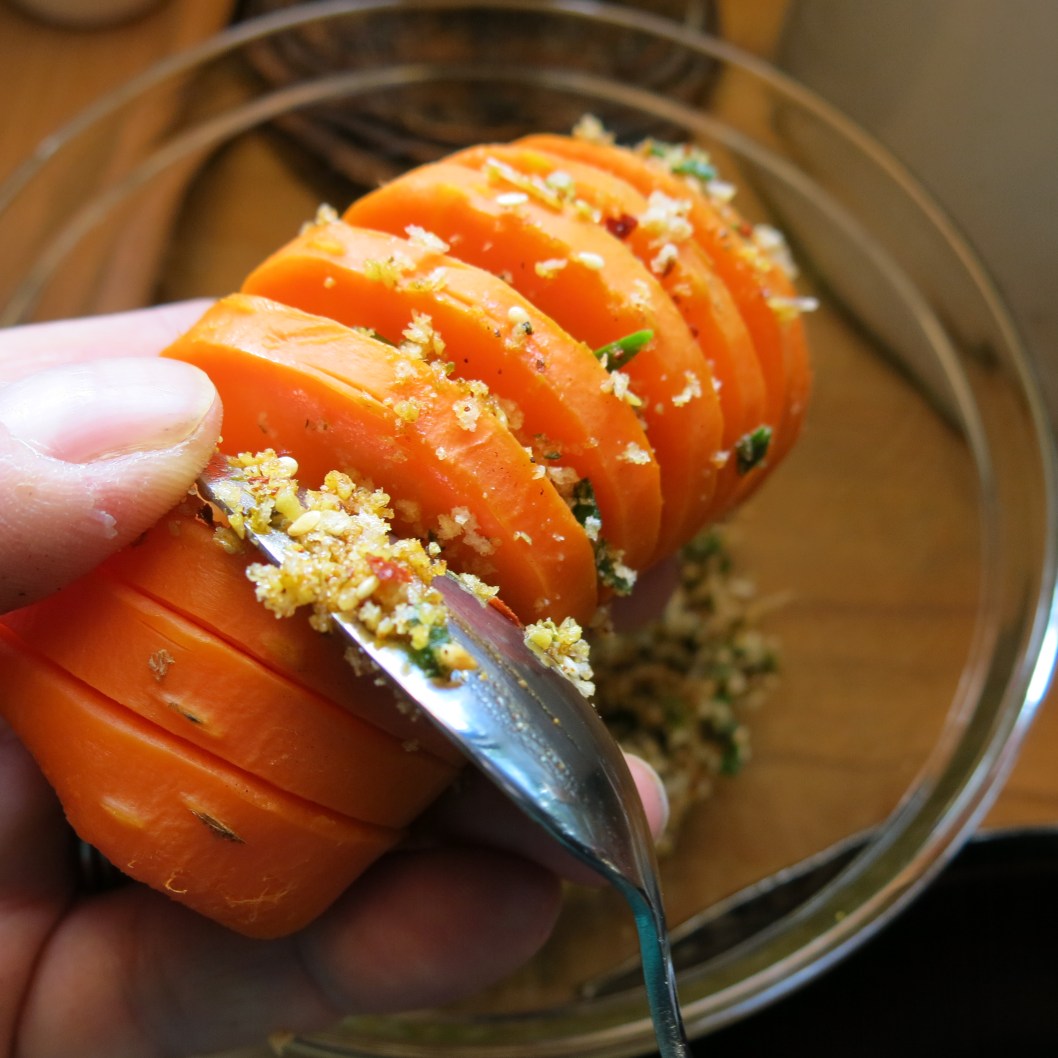 Hasselback Carrots with a Seasoned Crumb Stuffing | Goddess Cooks